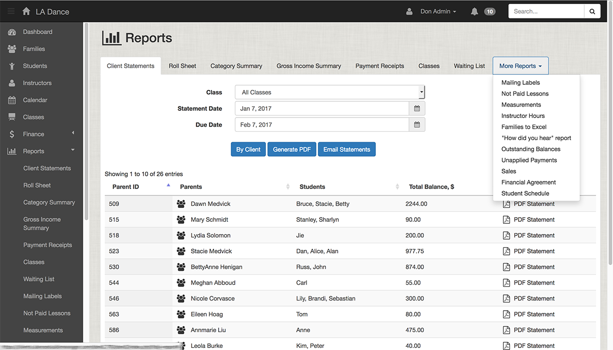 Dance Studio Software - $40 Per Month - Training And Support Included!