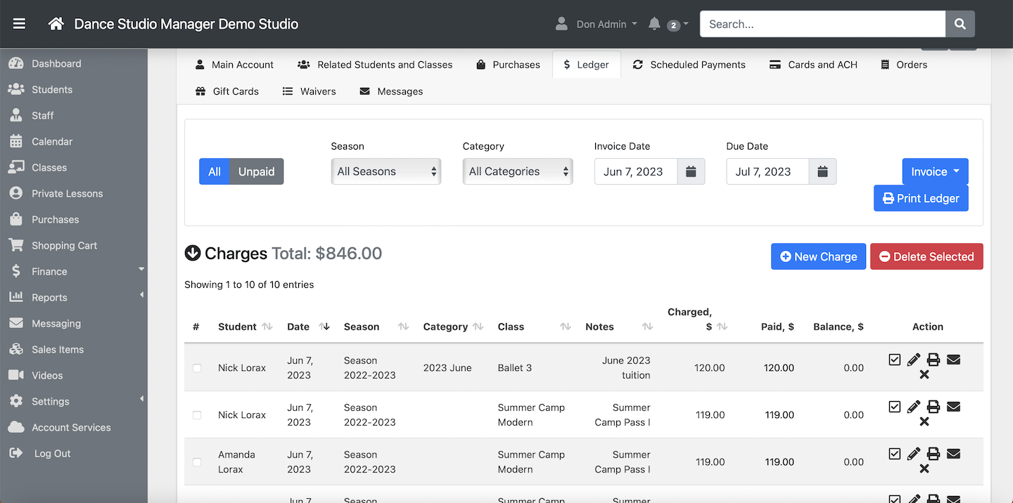 Dance Studio Software - Client Ledger