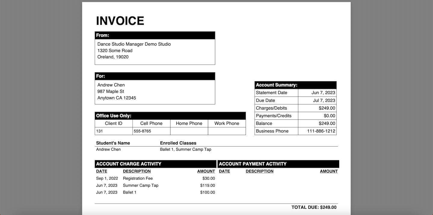 Dance Studio Software - Client Statements
